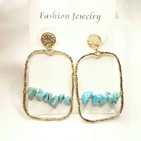 Jewelry | Rectangle Gold Drop Earrings With Turquoise Stone | Poshmark